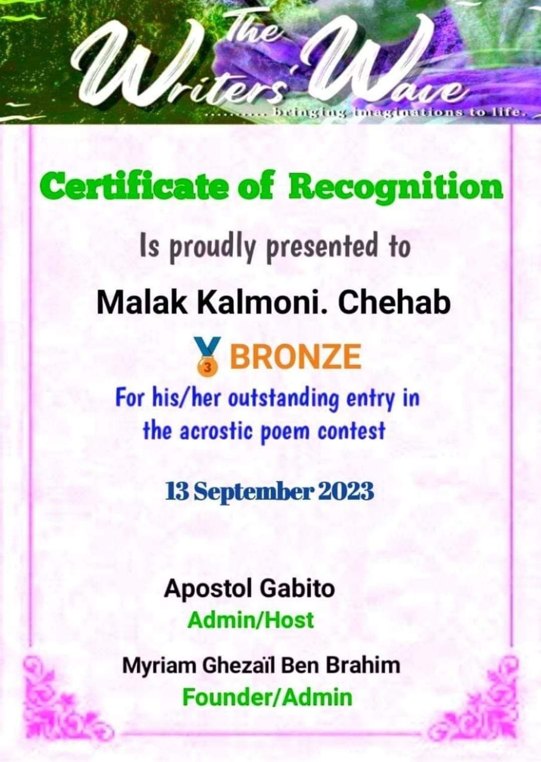 Bronze, Certificate of Recognition – Poetry for Change