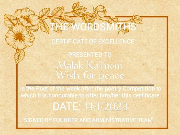 Certificate of Excellence for my poem: Wish for Peace – Poetry for Change
