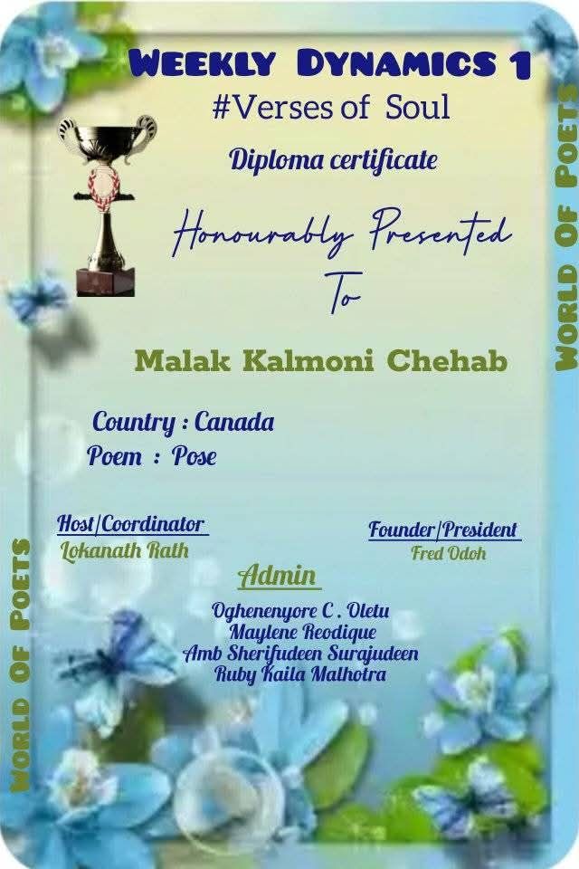 Diploma Certificate for my poem, Pose – Poetry for Change