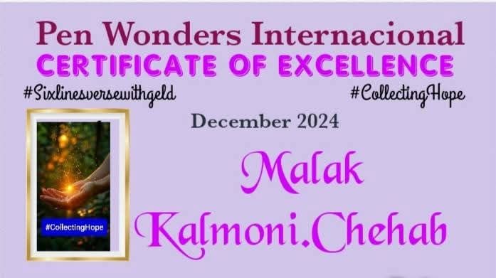 Certificate of Excellence for my poem, Wintery Hope – Poetry for Change