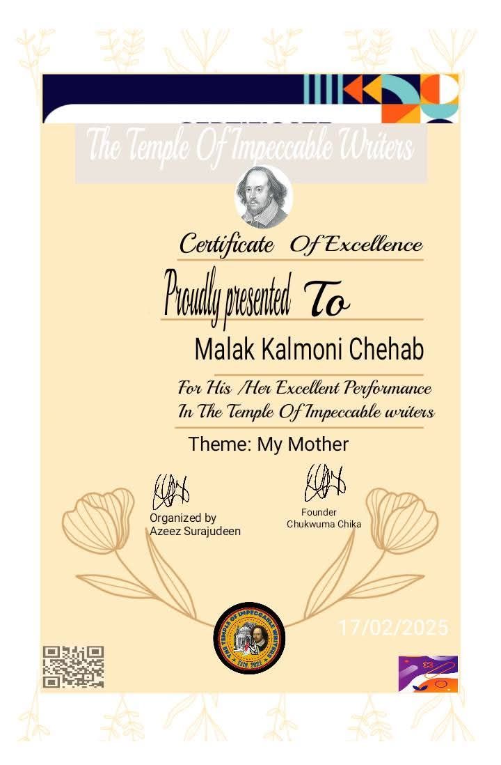 Certificate of Excellence for my poem: Mom, Habibti – Poetry for Change