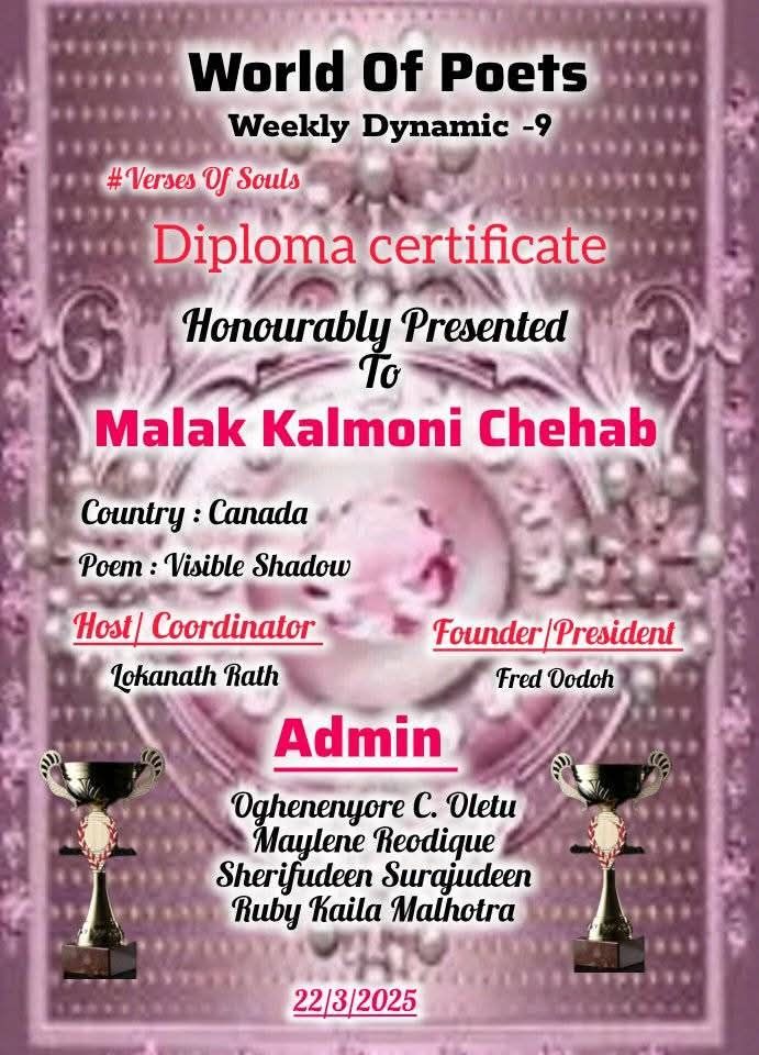 Diploma Certificate for my poem: Visible Shadow – Poetry for Change