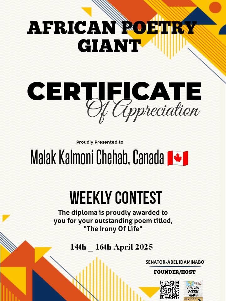 Certificate of Appreciation for my poem, – Poetry for Change