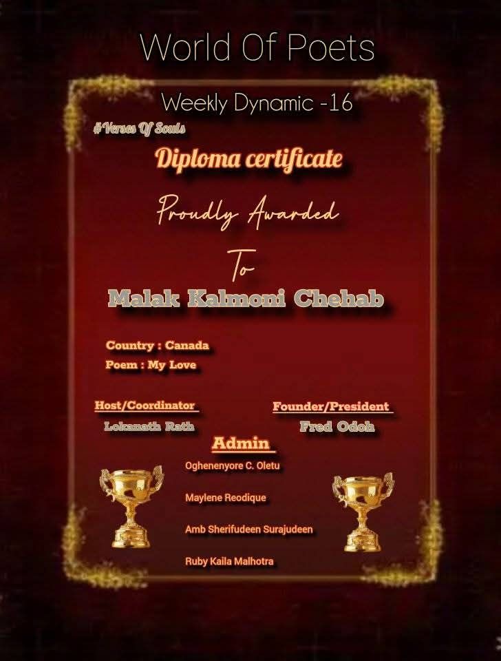 Diploma Certificate for my poem, My Love – Poetry for Change