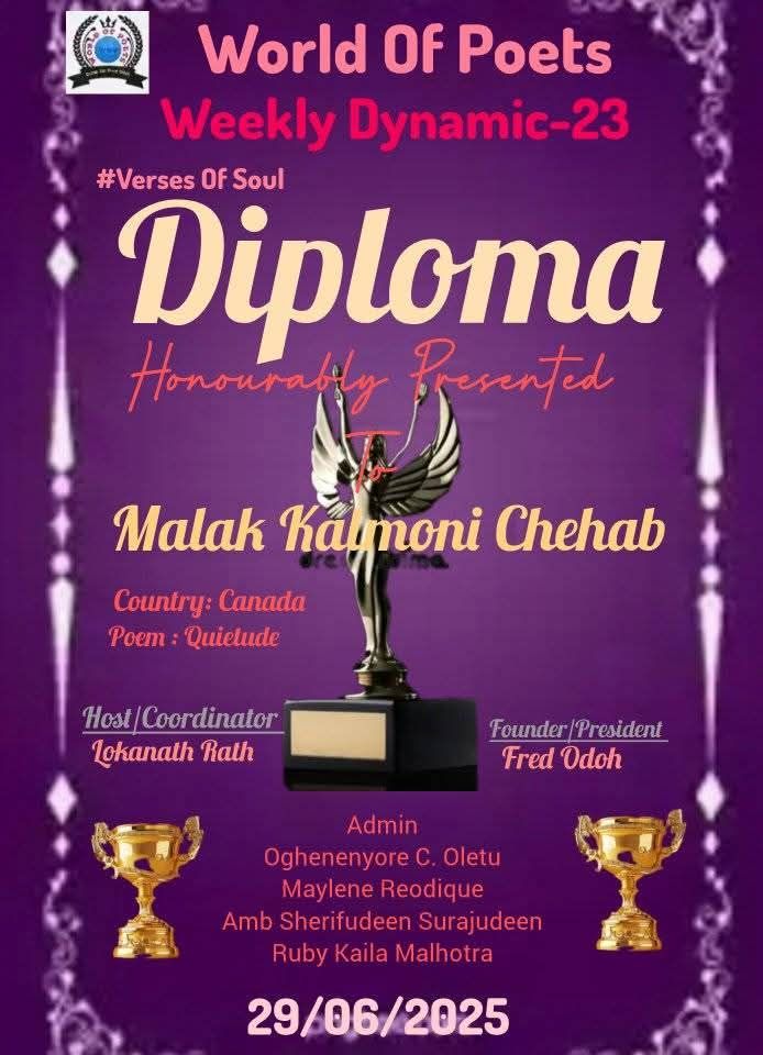 Diploma Certificate for my poem, Quietude – Poetry for Change